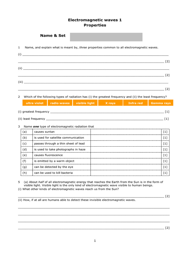Electromagnetic Waves Worksheet | PDF | Electromagnetic Radiation ...
