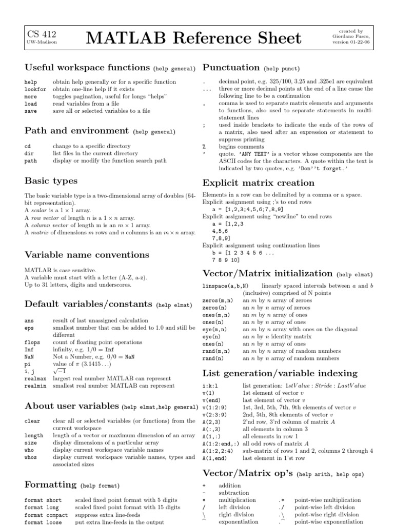 MATLAB Reference Sheet-1 | PDF