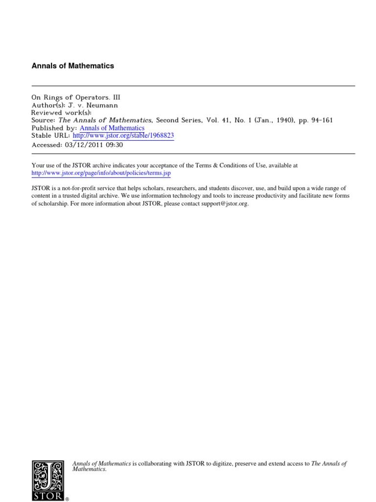 Von Neumann-On Rings of Operators III | PDF | Algebra | Mathematical ...