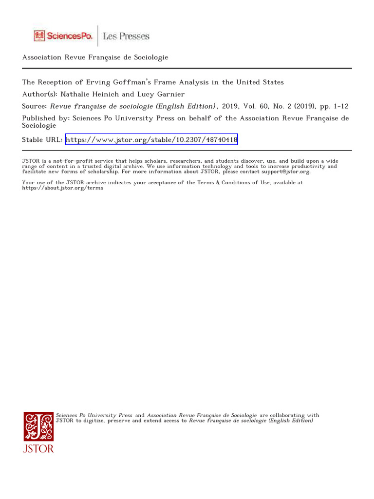 The Reception of Erving Goffman's Frame Analysis in The United States ...