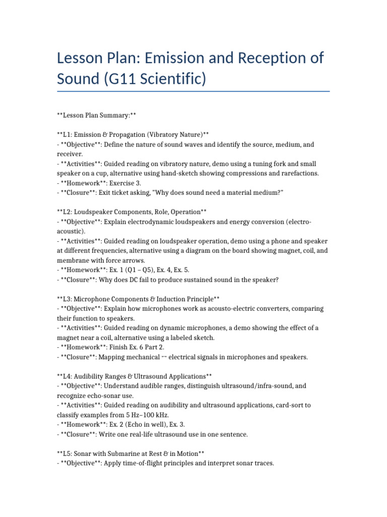 Lesson Plan Emission and Reception of Sound | PDF | Loudspeaker | Sound