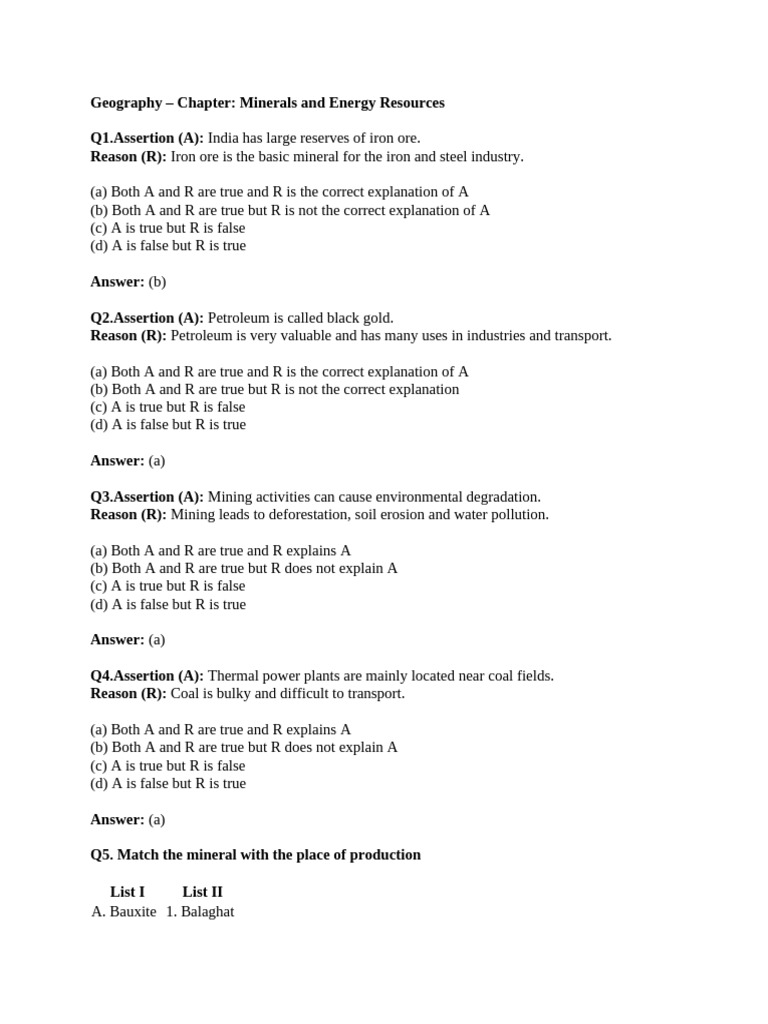 GEOGRAPHY-MCQs - Mineral and Energy Resources | PDF | Natural Gas | Coal