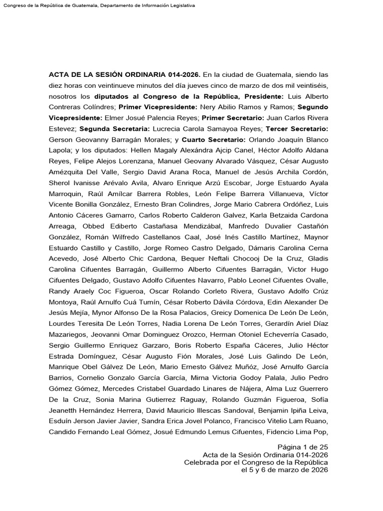 Acta de La Sesión Ordinaria 014-2026 | PDF | Legislador | Guatemala