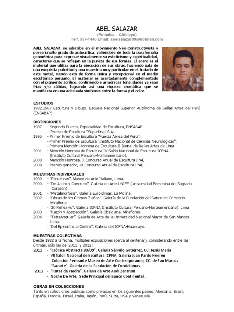 Abel Salazar - Escultor Peruano Curriculum 2012 | PDF | Lima | Escultura
