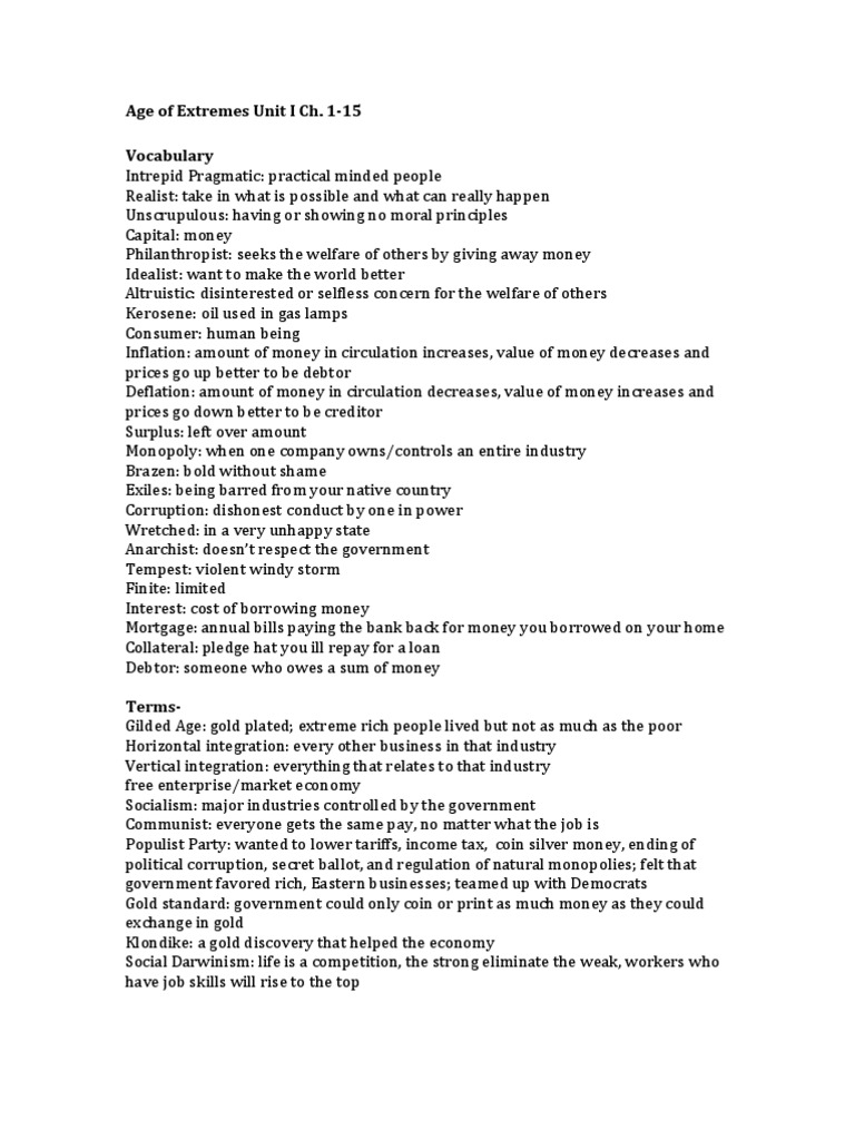 Age of Extremes Unit I Ch. 1-15 Vocabulary | PDF | Ku Klux Klan | Money