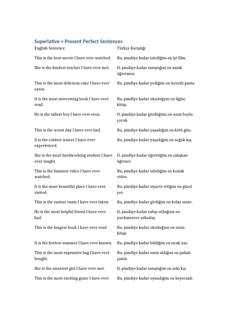 Superlative Present Perfect Table | PDF