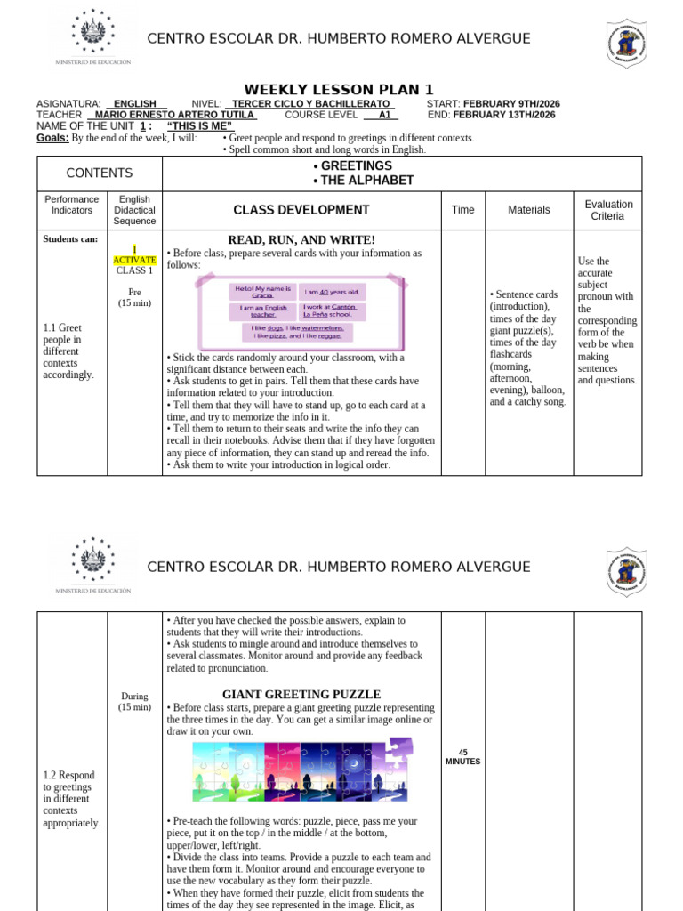 UNIT 1 A1 6 Weeks Lesson Plan 2026 | PDF | Subject (Grammar) | Verb