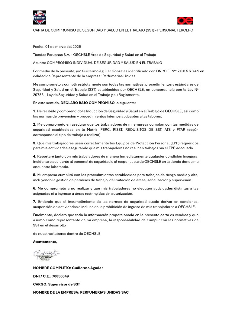Carta de Compromiso de Seguridad y Salud en El Trabajo - Oechsle 2026 | PDF