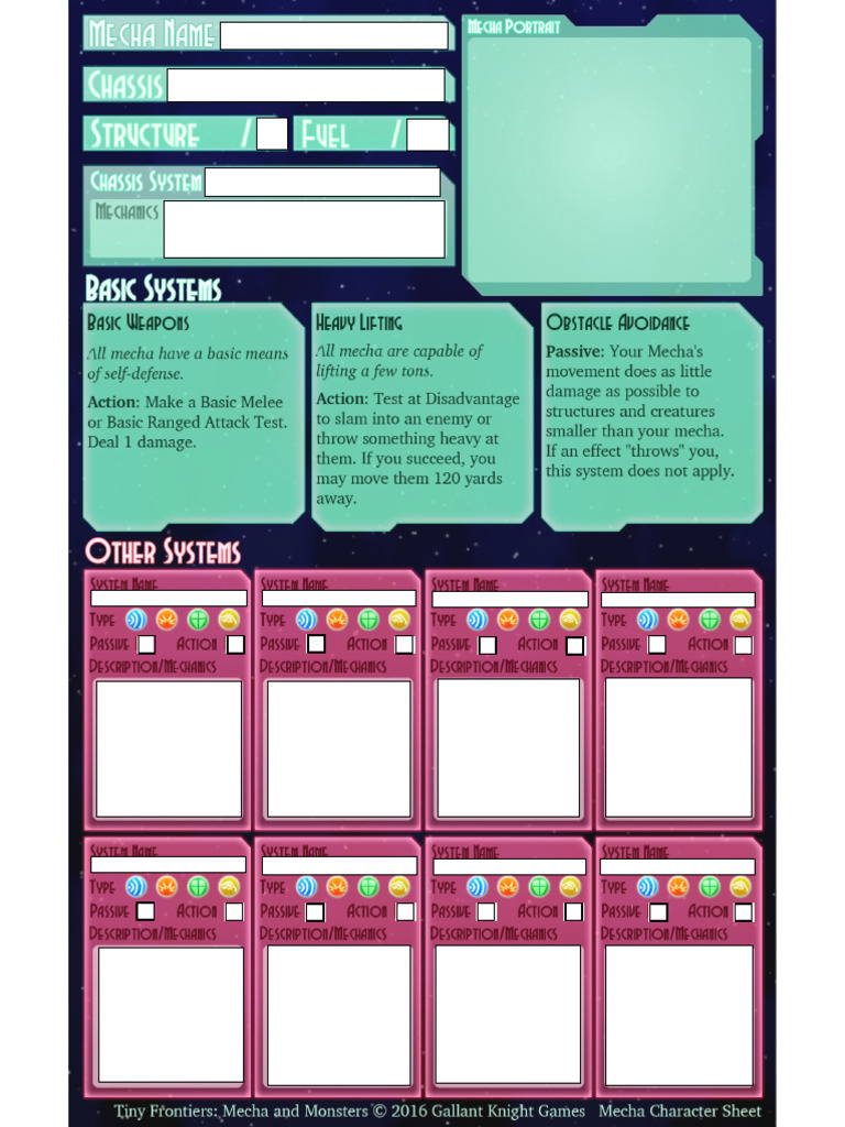 Mecha Character Sheet - Fillable | PDF