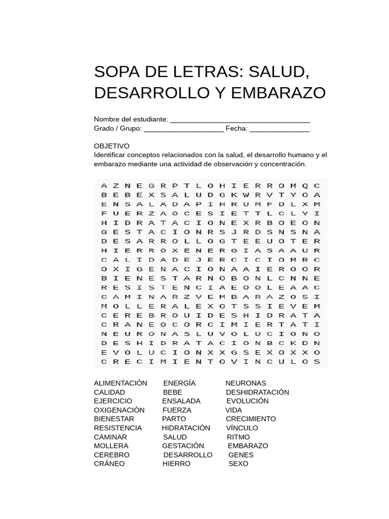 Sopa de Letras - Salud, Desarrollo y Embarazo - Documentos de Google | PDF