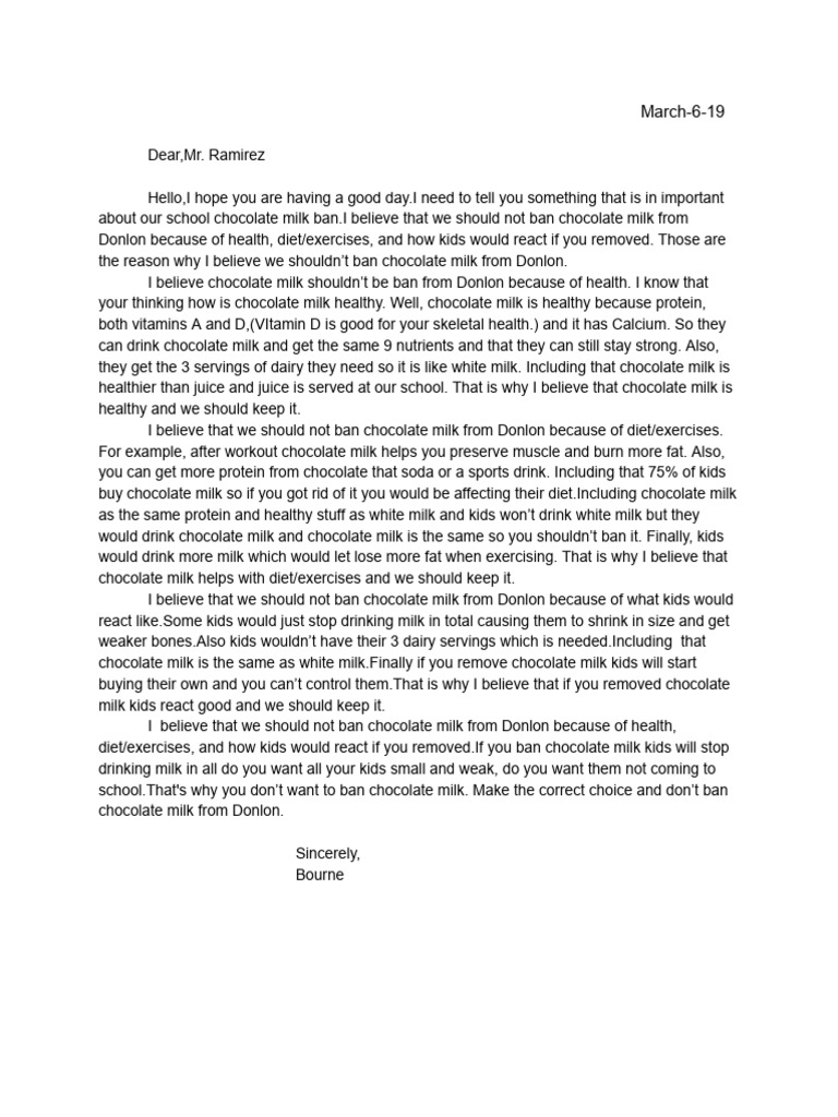 Should Chocolate Milk Be Ban From Donlon | PDF | Milk