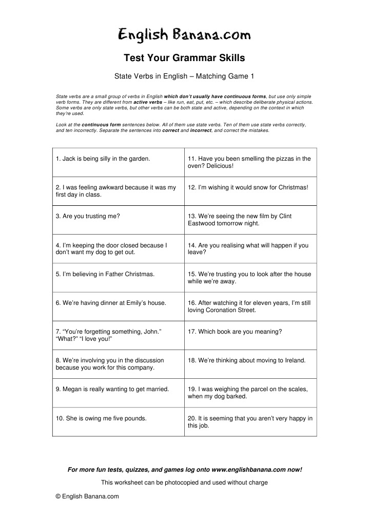 State Verbs in English Matching Game 1 | PDF | English Language ...