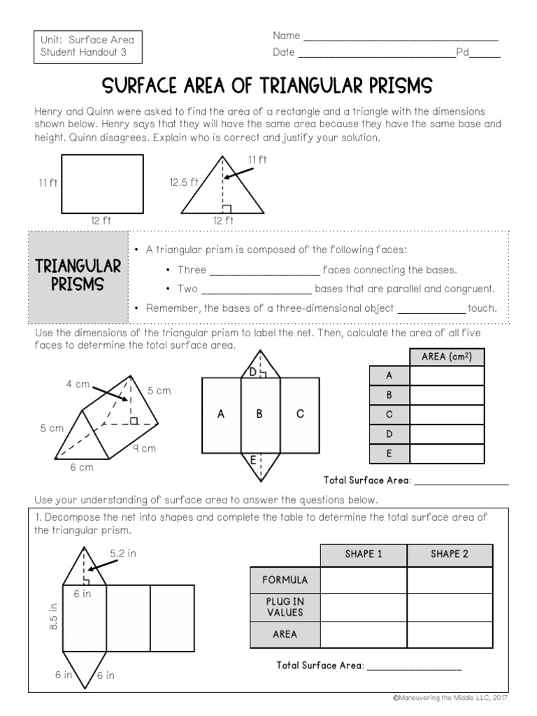 6.3 Surface Area of Triangular Prisms | PDF | Area | Euclidean Geometry