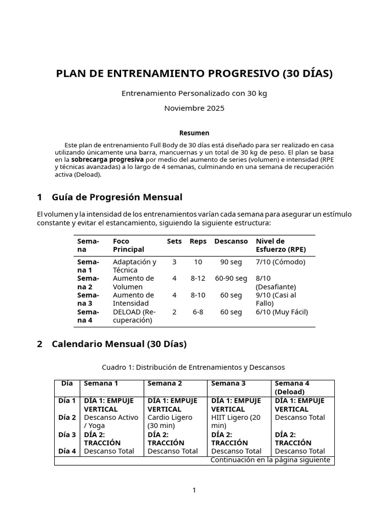 Plan de Entrenamiento Completo 30 Días | PDF | Entrenamiento con pesas