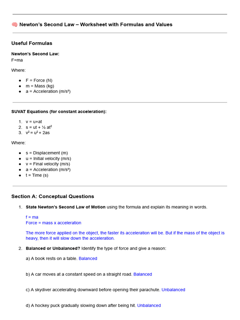 ? Newton's Second Law - Worksheet With Formulas and Values | PDF ...