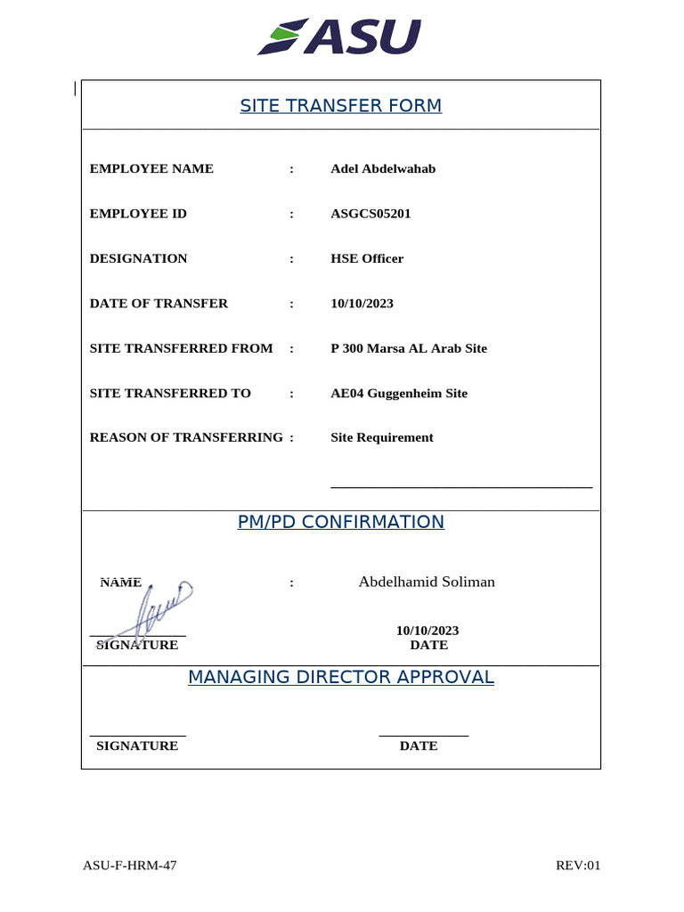 ASU-F-HRM-47 Site Transfer Form - Not in USe | PDF