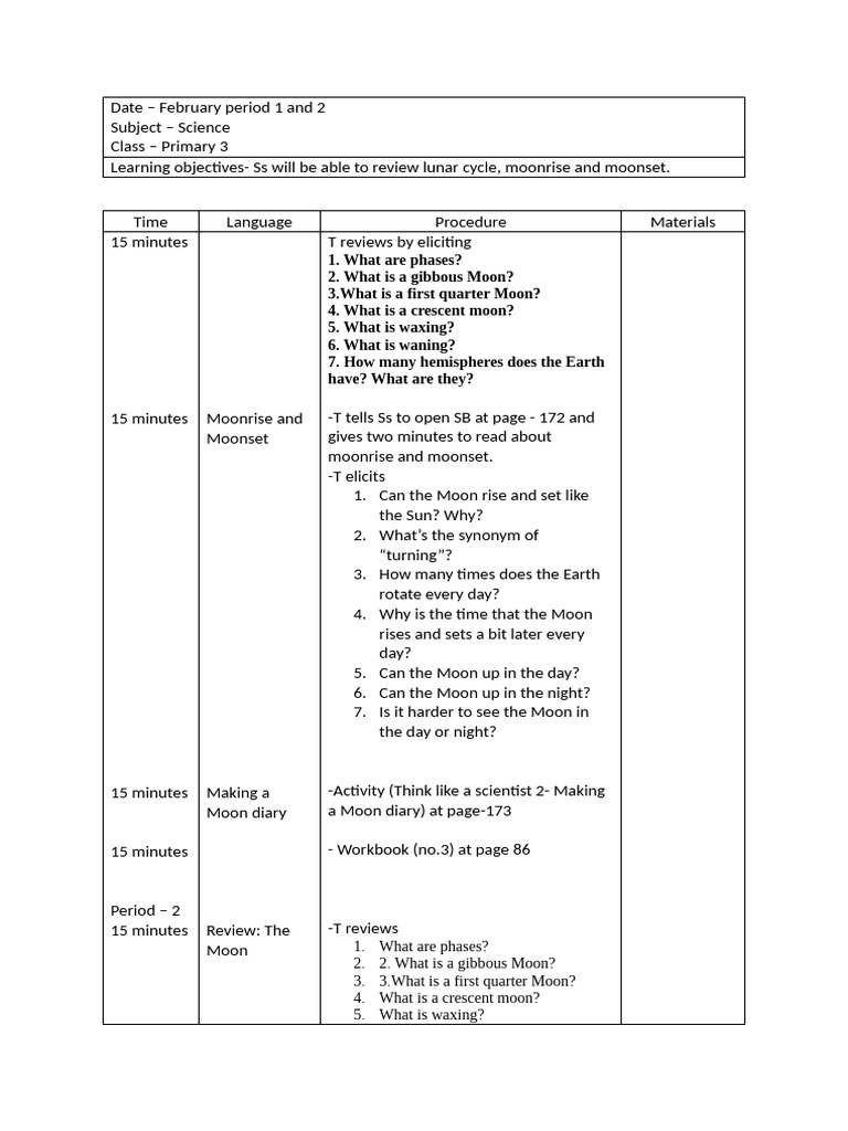 P3 February Lesson Plan | PDF | Moon | Lunar Science