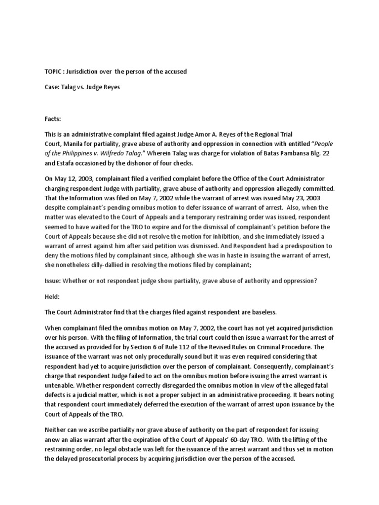 Talag Vs Judge Reyes Case Digest | PDF | Arrest | Arrest Warrant