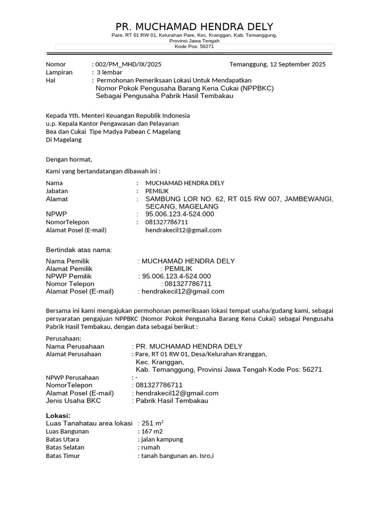 Contoh Format Permohonan Pemlok NPPBKC - PABRIK HT - REV | PDF