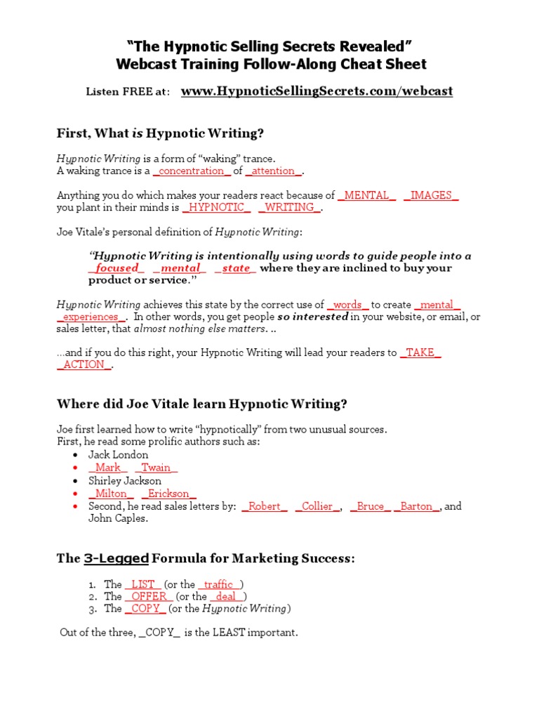 Hynotic Selling Secrets Cheat Sheet Pdf Media Manipulation Business