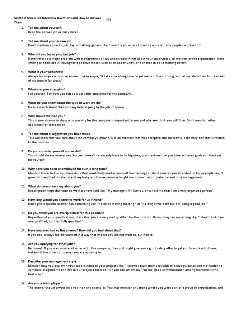 50 Most Asked Job Interview Questions and How To Answer Them | PDF ...