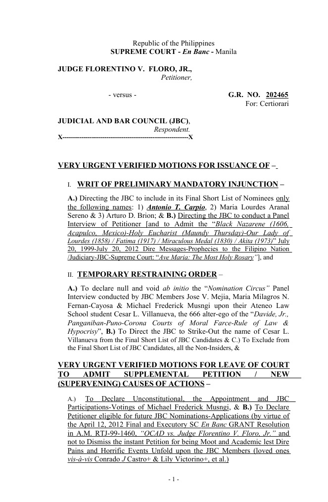 Certiorari, August 3, 2012 Judge Florentino Floro | PDF | Injunction | Judiciaries