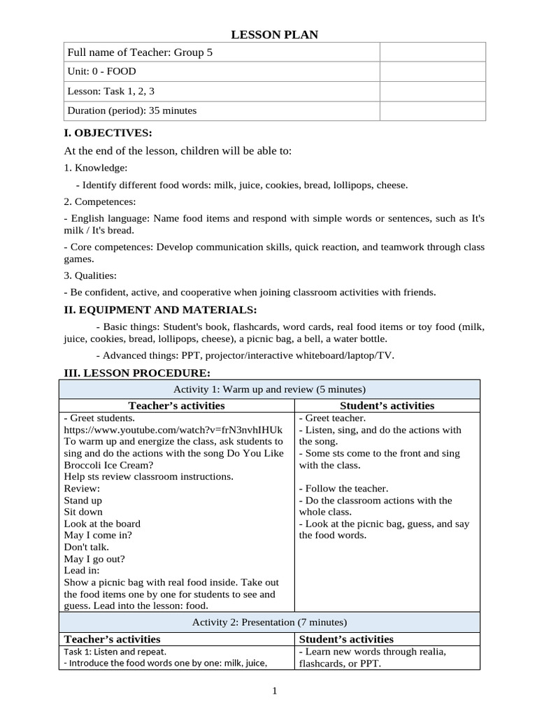 Lesson Plan Food | PDF