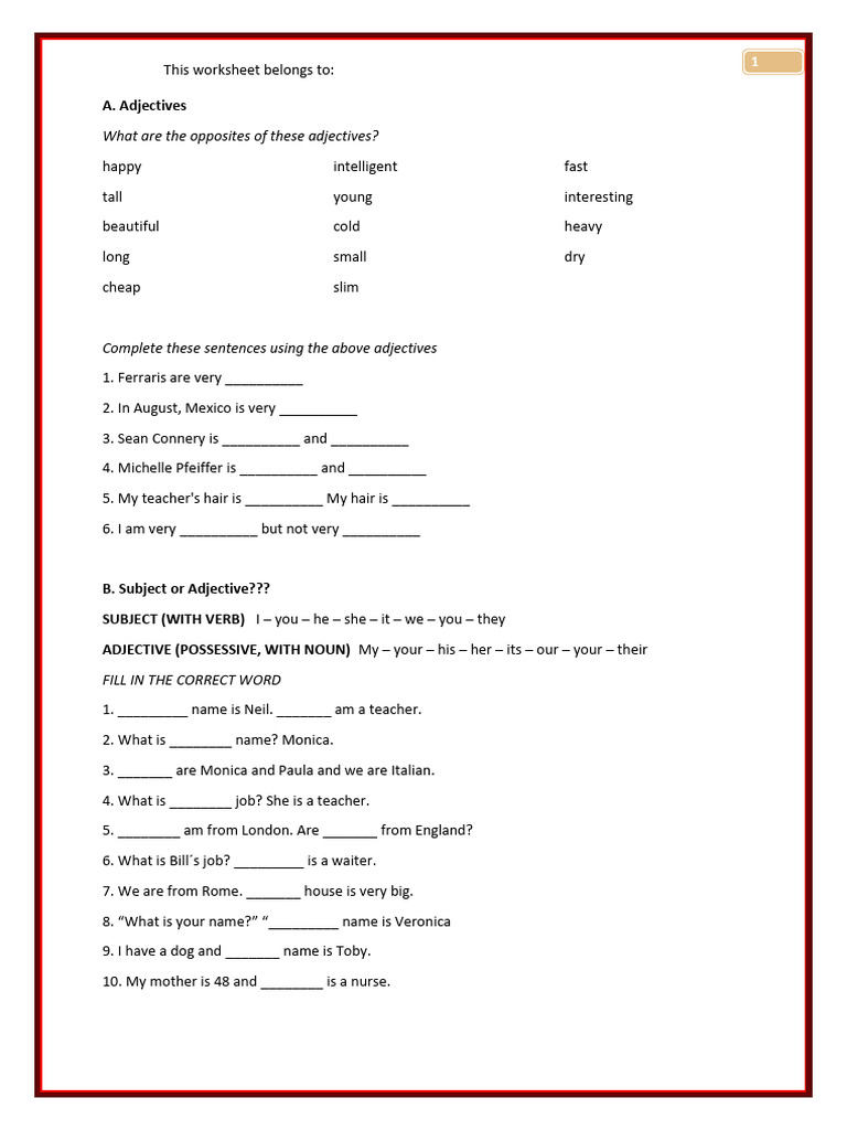 Worksheet Grammar - Adjectives & Vocab | PDF