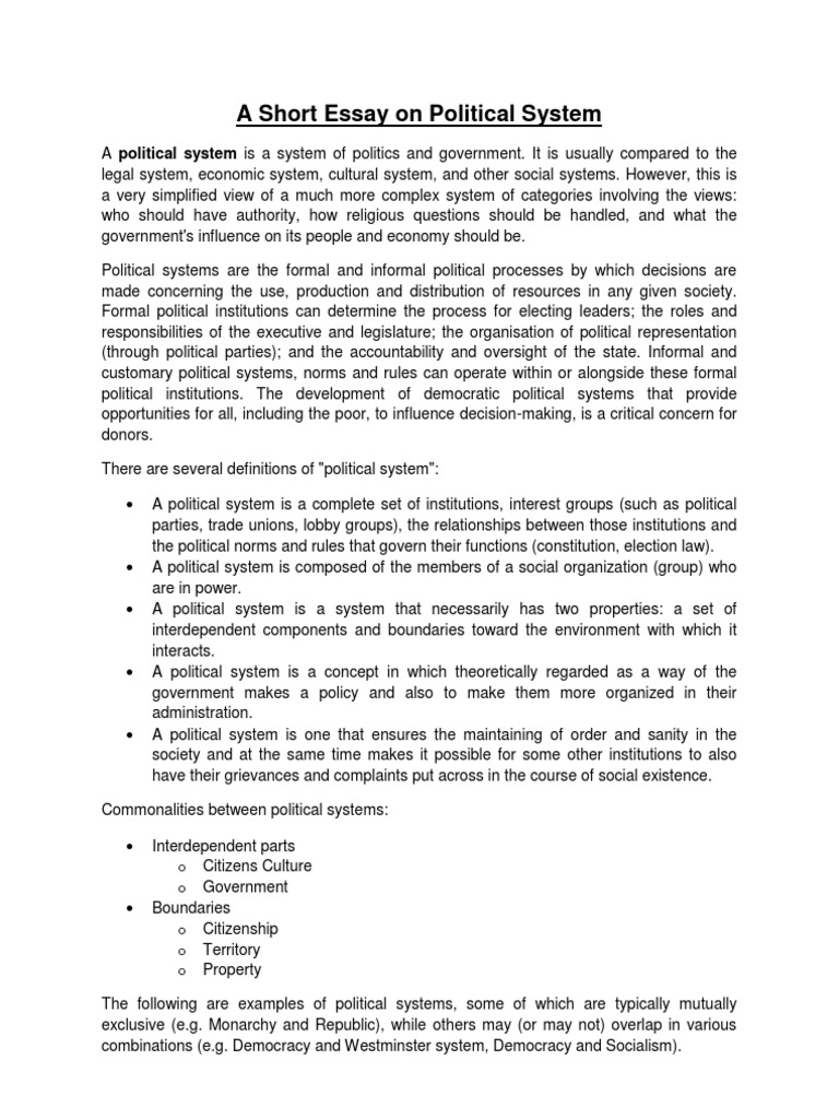 A Short Essay On Political System | PDF | System | Institution