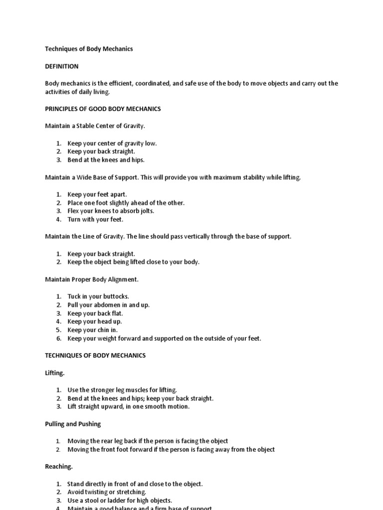 Body Mechanics Techniques in Healthcare | PDF | Anatomical Terms Of ...