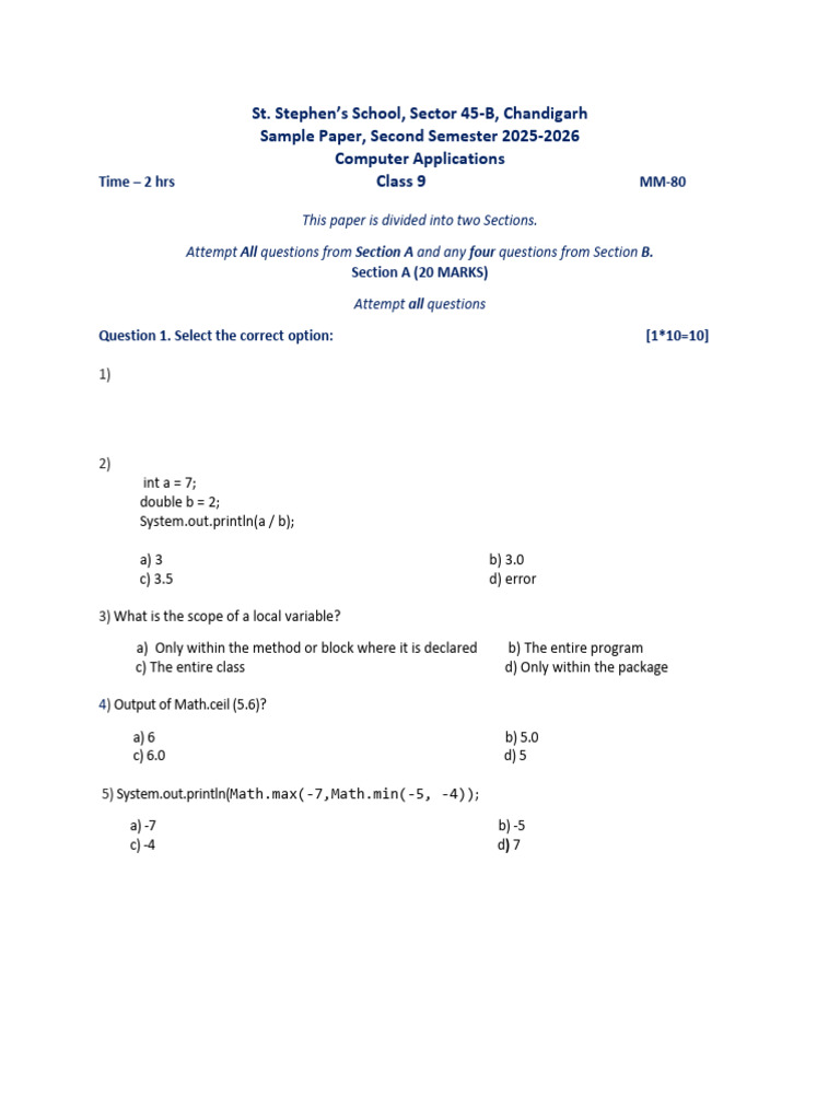 9th 2nd Sem Computer Applications Sample Paper2025-26 | PDF