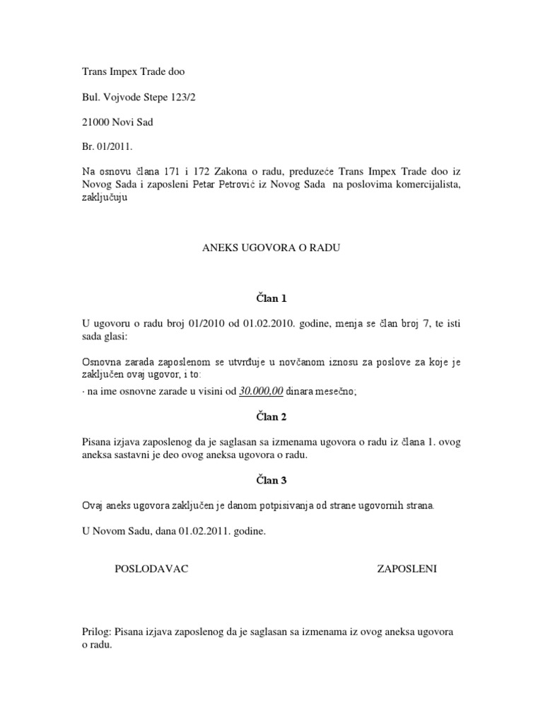 Primer Aneksa Ugovora o Radu | PDF