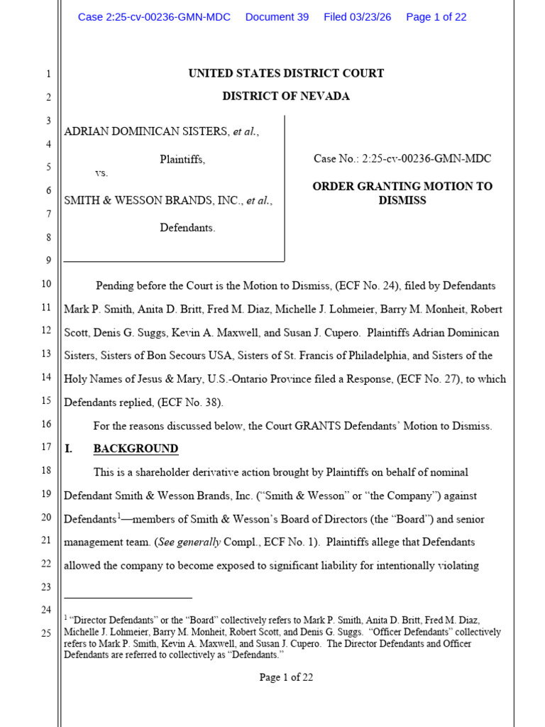 Adrian Dominican Sisters V Smith Wesson | PDF | Federal Rules Of Civil ...