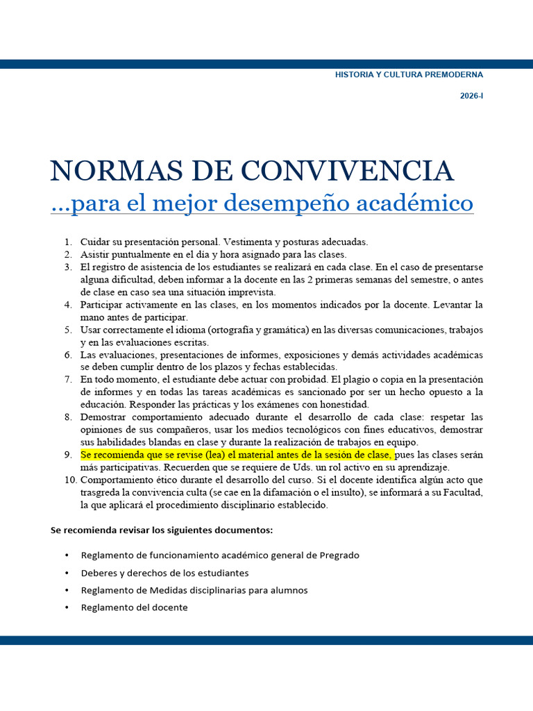 Normas de Convivencia 2026-1 PreMod | PDF