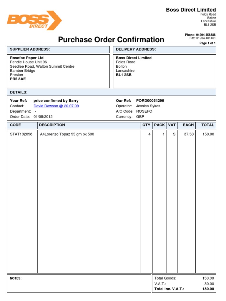 Boss Purchase Order Confirmation Priced PORD00054296 | PDF