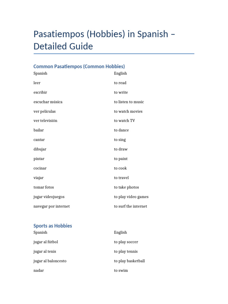 Spanish Pasatiempos Hobbies Guide | PDF