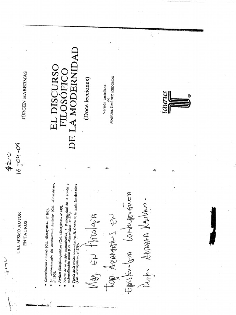 01+El+discurso+filosofico+de+la+modernidad.+J.+Habermas | PDF