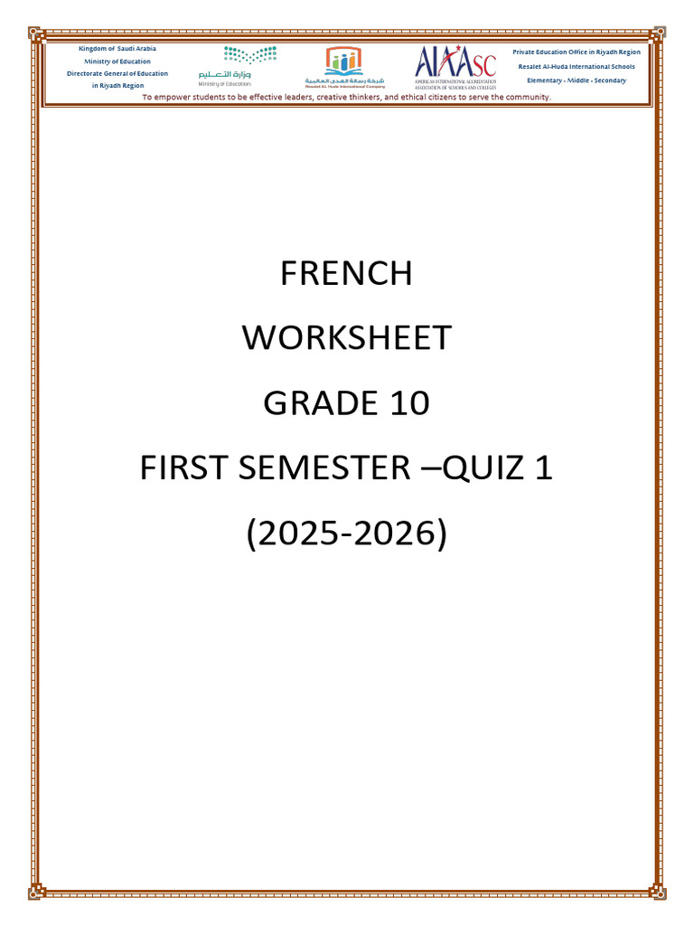 g10 Worksheet 1st Semester French Quiz 1 25-26 | PDF