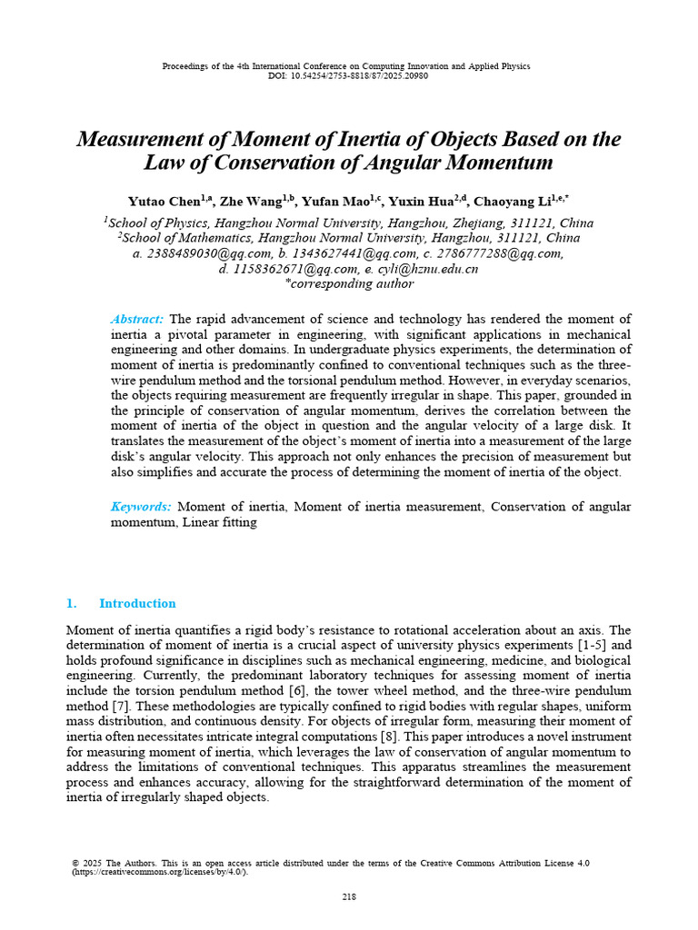 Measurement of Moment of Inertia of Objects Based | PDF | Rotation ...