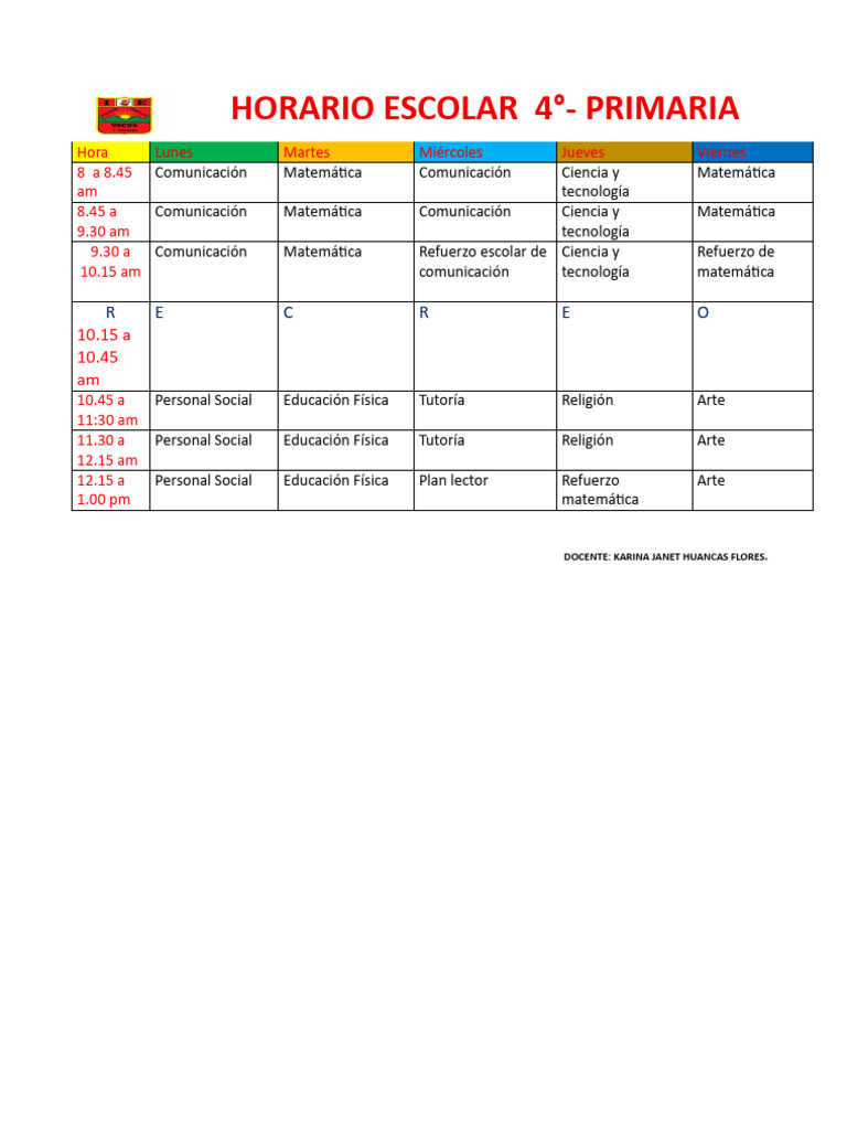 Horario Escolar 4to Vicus44467 | PDF