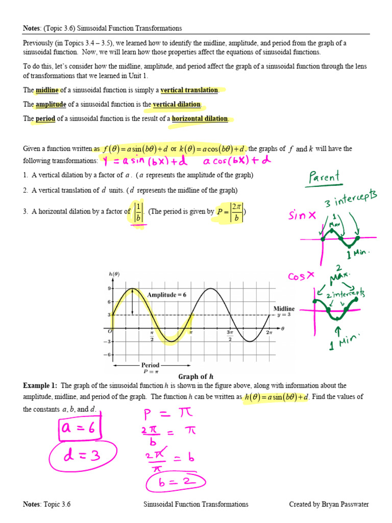 Key - Notes Topic 3.6 Sinusoidal Function Transformations | PDF