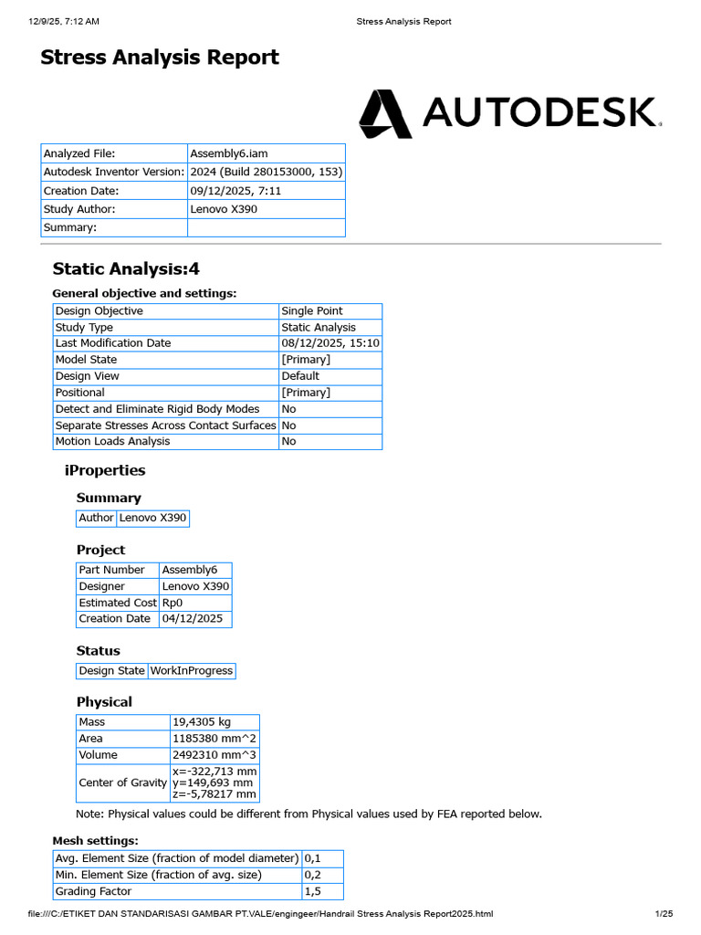 Handrail Stress Analysis Report | PDF