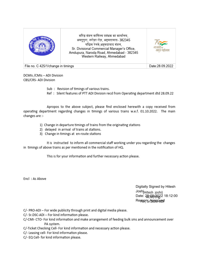 Revision in Time Table of Various Train ADI Division | PDF