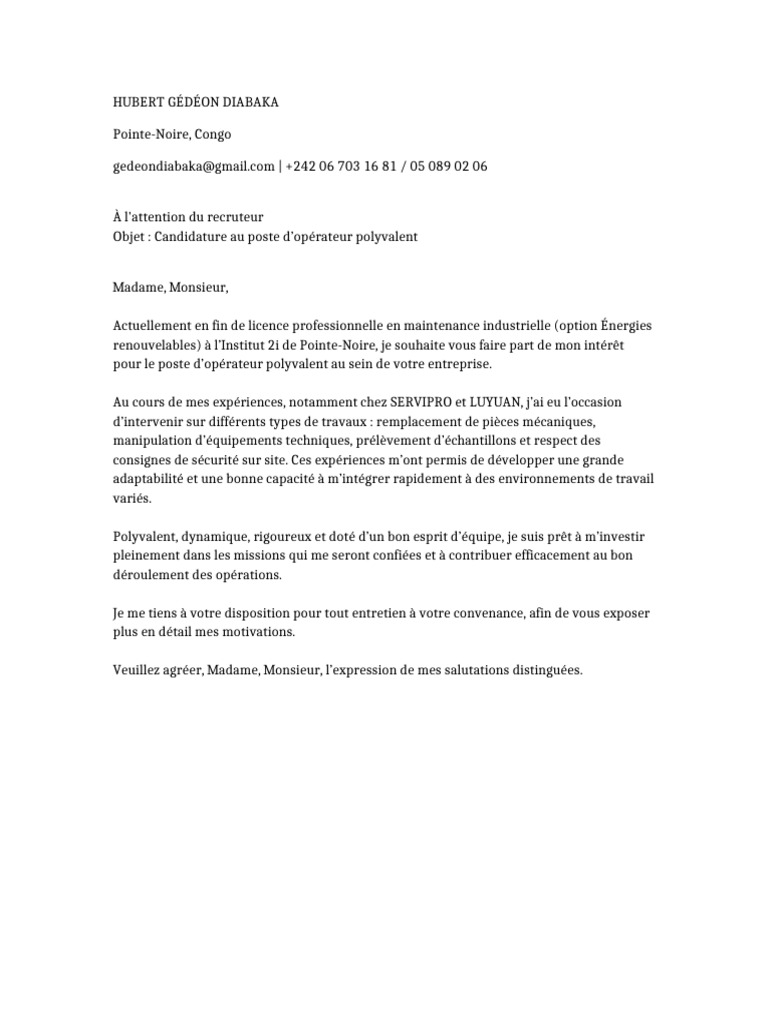 Lettre Motivation Gedeon Operateur Polyvalent | PDF