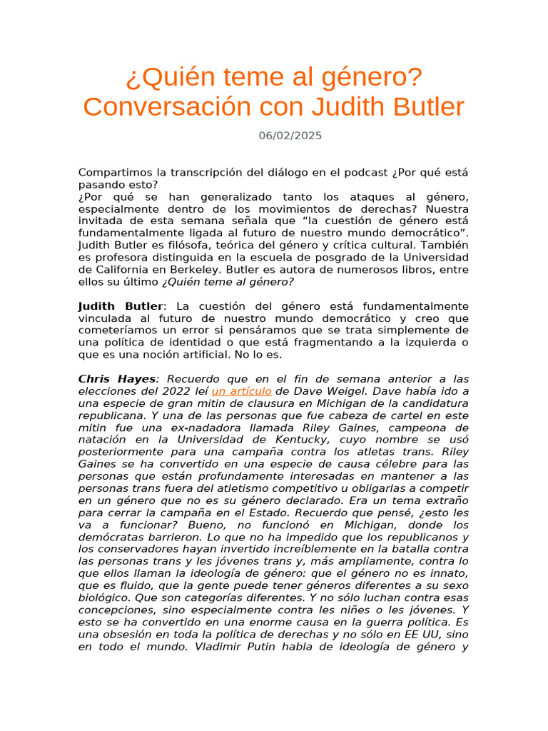 Quién Le Teme Al Género-Conversación Con Judith Butler | PDF