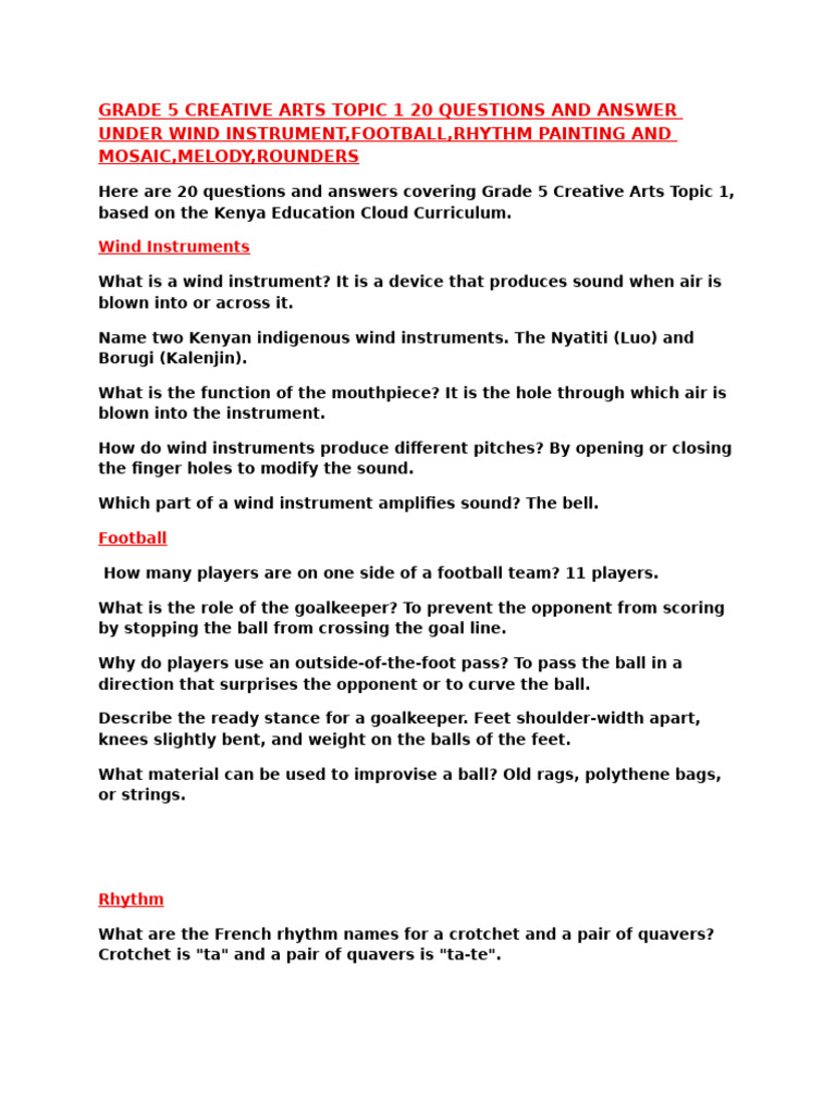 Grade 5 Creative Arts Topic 1 20 Questions and Answer Under Wind ...