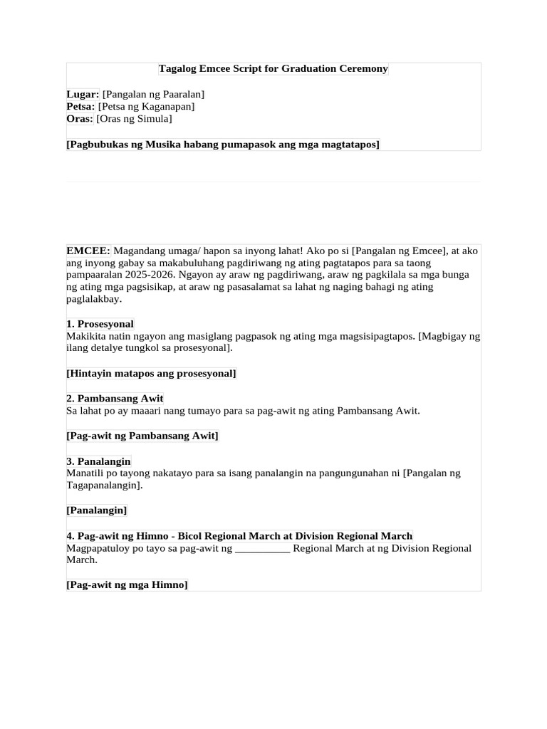 Tagalog Emcee Script For Graduation, Moving-Up and Recognition | PDF