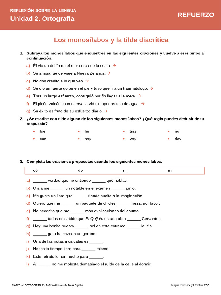 U2 Ref Sol Ortografia Los Monosilabos y Tilde Diacritic | PDF