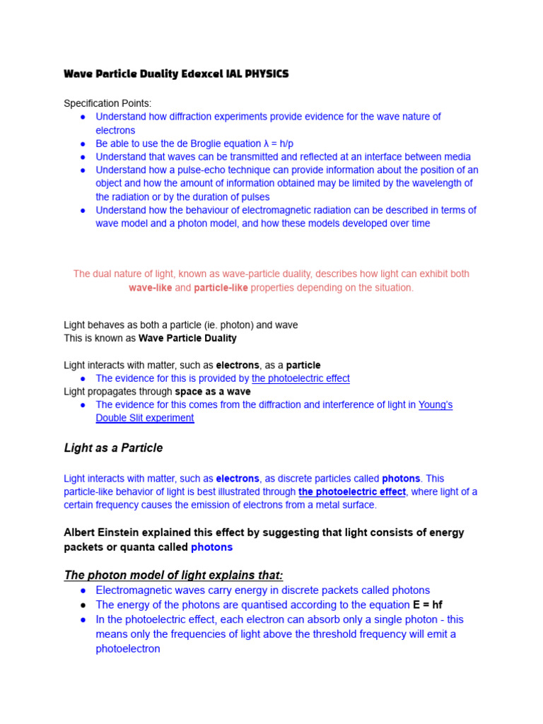 Wave Particle Duality Edexcel IAL PHYSICS | PDF | Photoelectric Effect ...