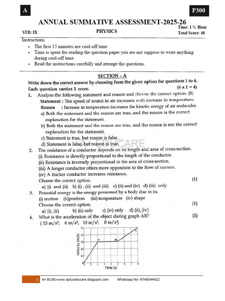 A+ Blog Class 9 Physics Annual Summative Assessment 2025 26 (Em) | PDF